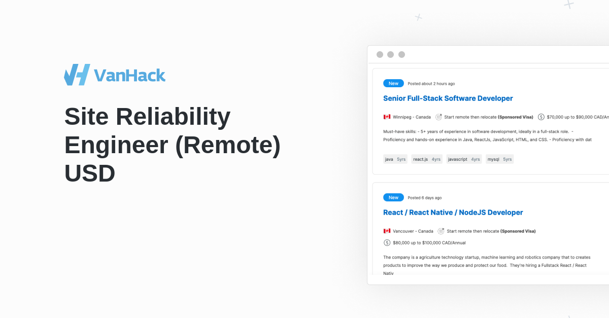 Site Reliability Engineer (Remote) USD - VanHack